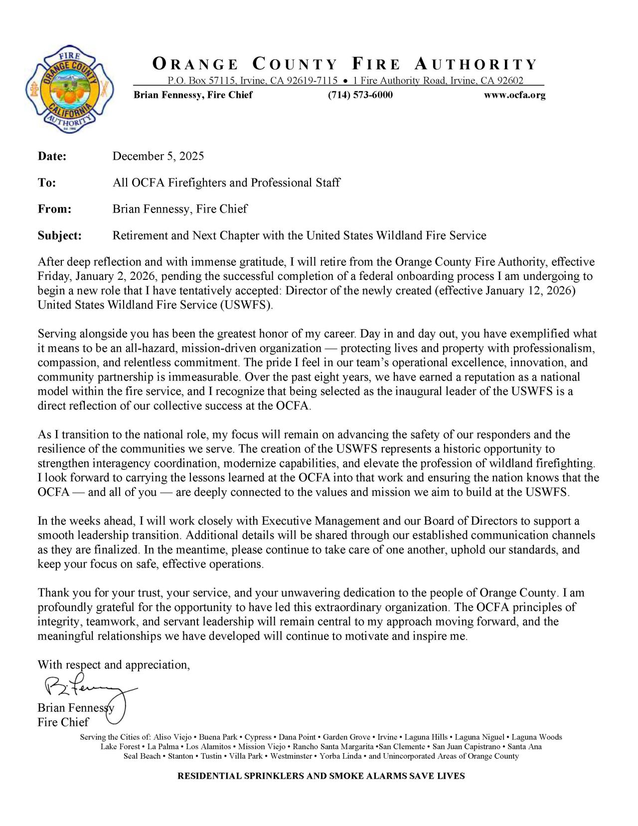 Fire Chief Brian Fennessy to Lead New United States Wildland Fire ...